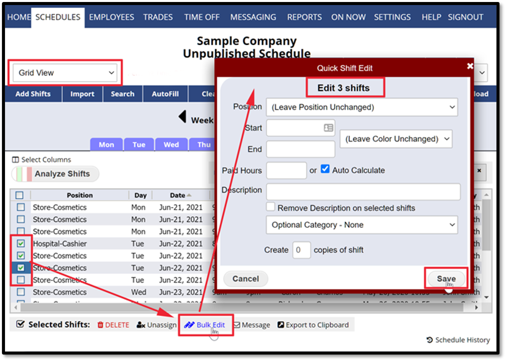 WhenToWork | Schedule Grid View (Bulk Edit Shifts)